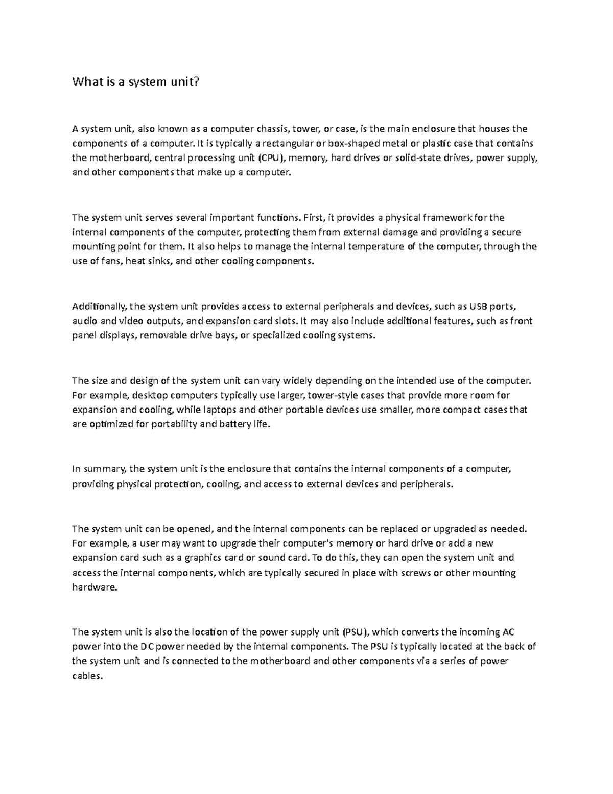 Understanding the System Unit: Core Components & Functions - Studocu