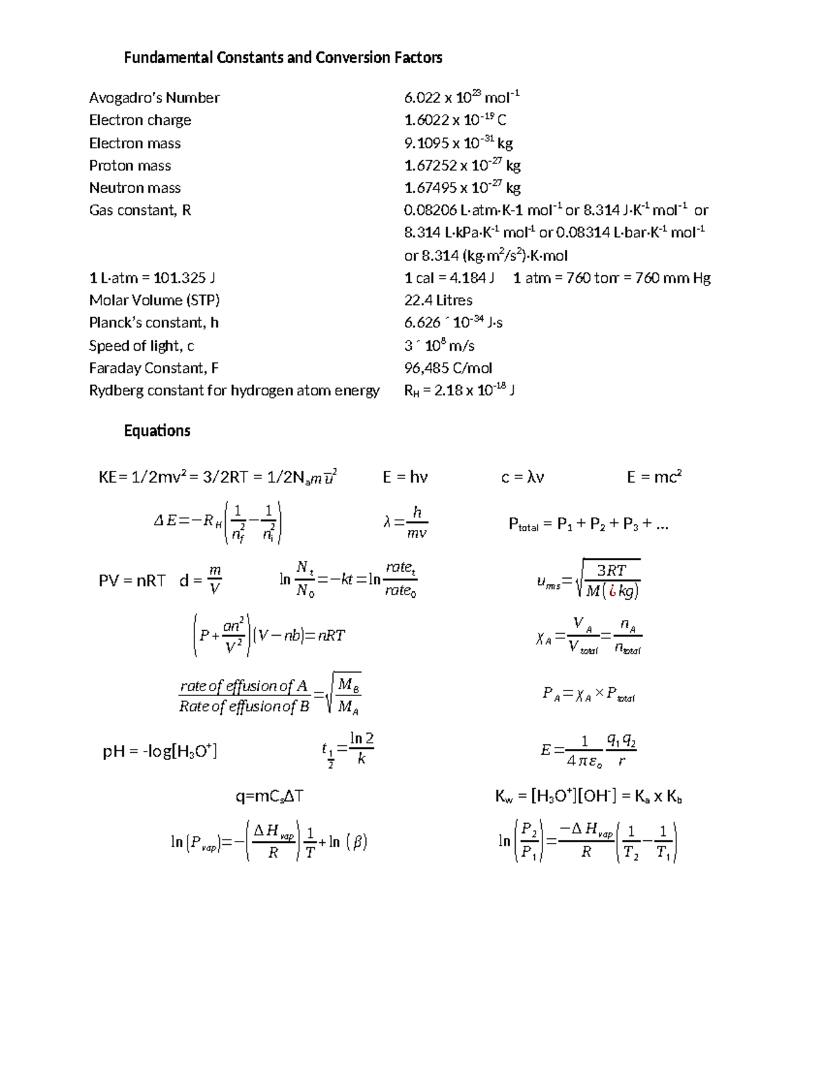 CHMA10 - Final Exam - Fall 2025 - Constants & Formulas Overview - Studocu