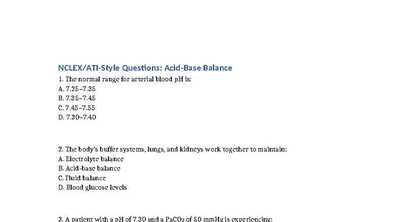 NCLEX Questions: Acid-Base Balance Practice & Answers - Studocu