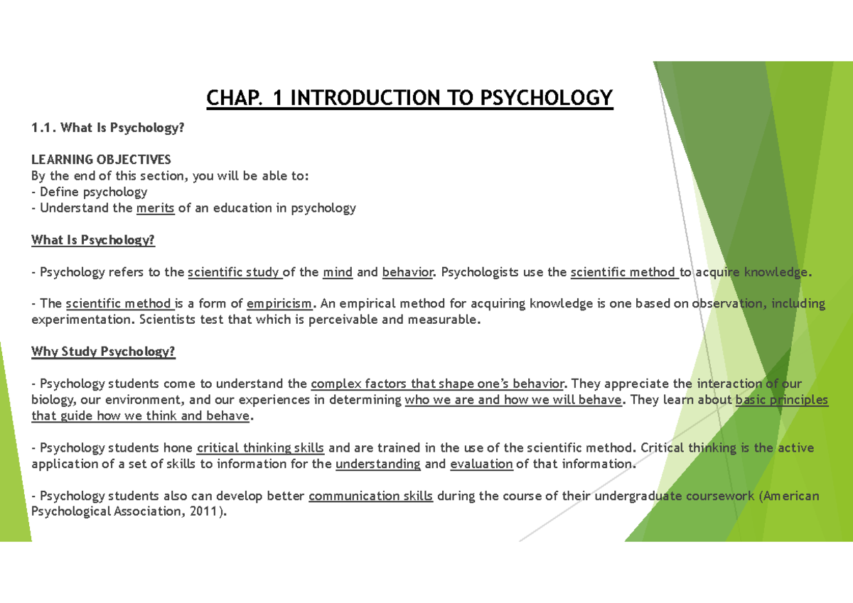 Introduction to Psychology - Key Concepts and Theories - CHAP. 1 ...