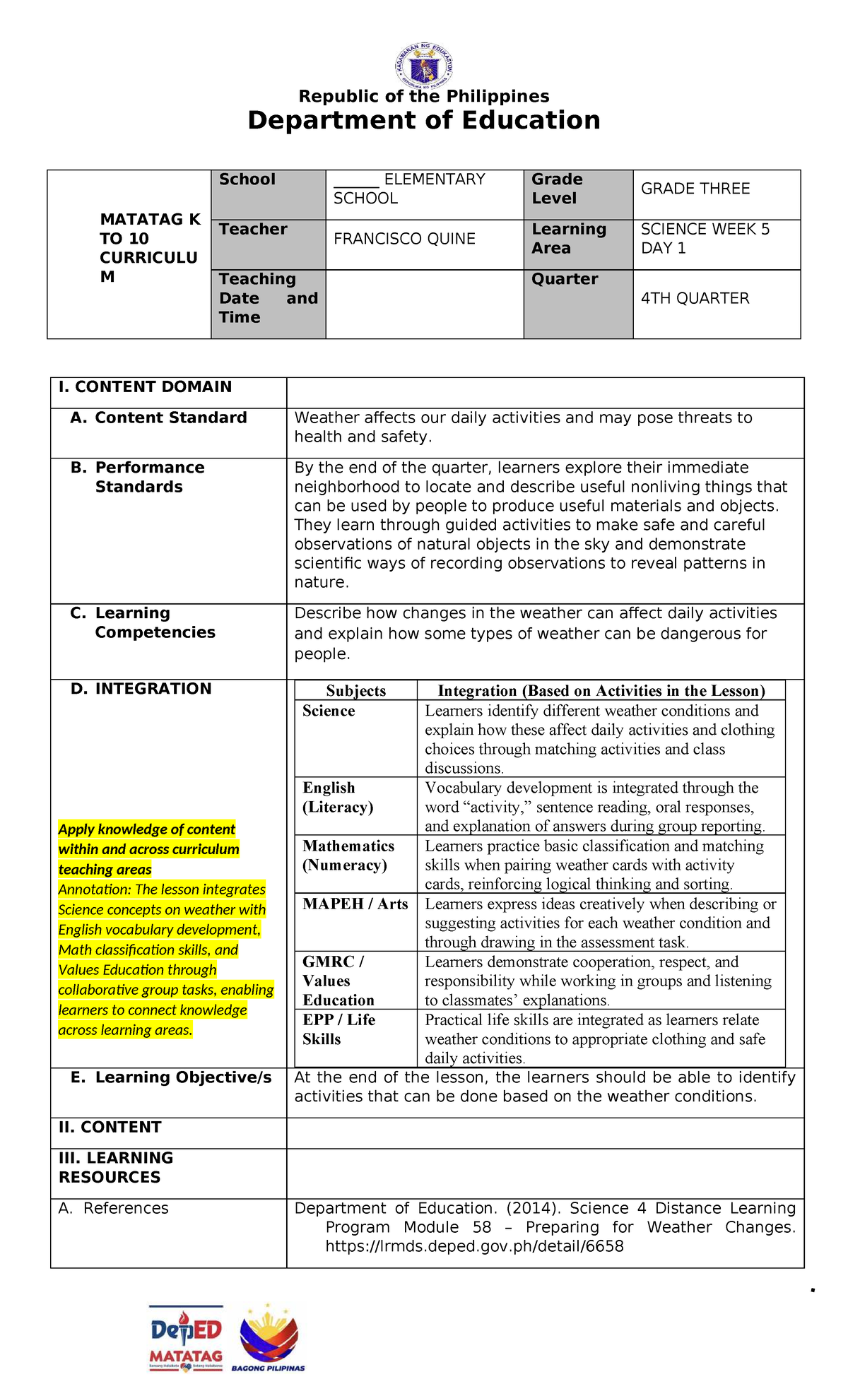 Grade 3 Science Lesson Plan: Weather & Daily Activities (4th Quarter ...