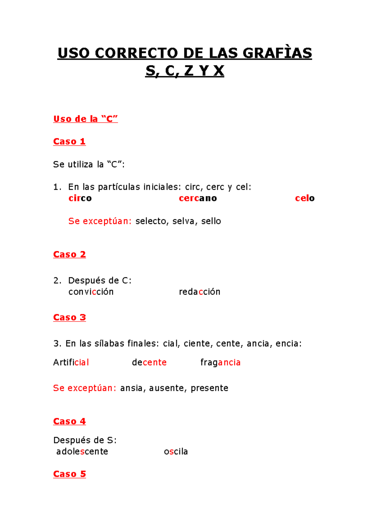 Uso de la C,S,Z,X - USOS CORRECTOS - USO CORRECTO DE LAS GRAFÌAS S, C ...