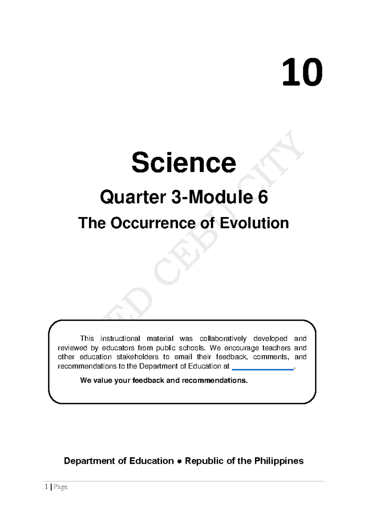 6 Q3 Science - 10 Science Quarter 3-Module 6 The Occurrence of Evolution Department of Education ...