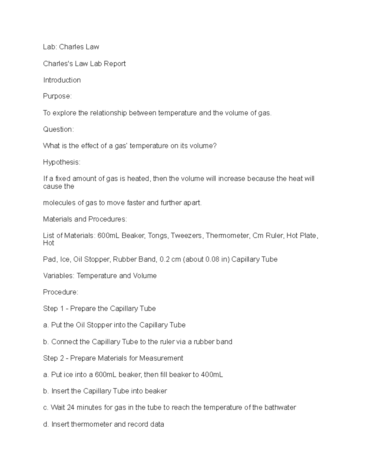 Lab Report: Charles Law - Exploring Gas Volume vs. Temperature - Studocu