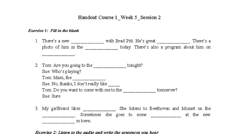 Handout Course 1_W5_Session 2: Listening & Fill-in-the-Blank Exercises ...