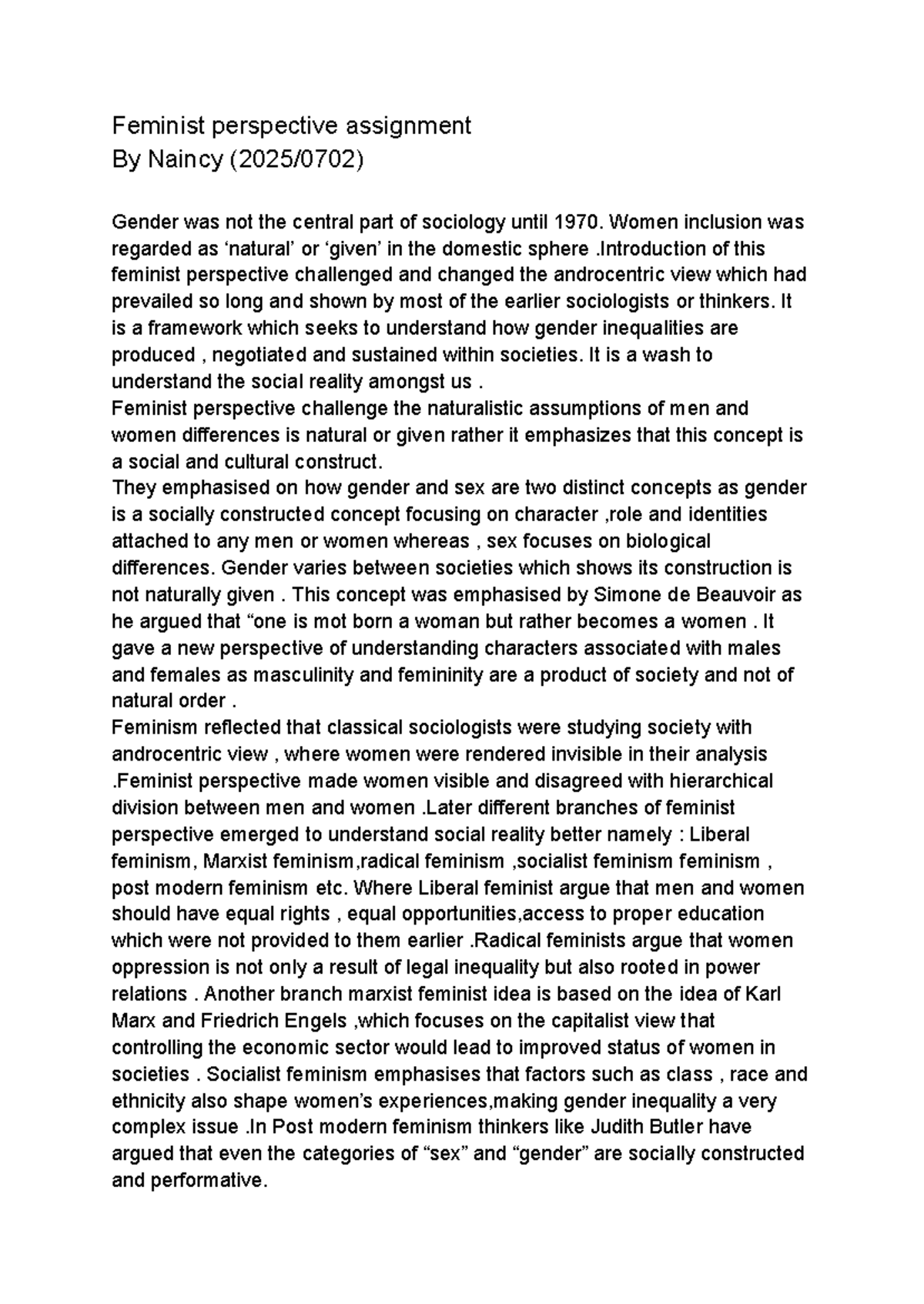Feminist Perspective Assignment: Understanding Gender Inequalities ...