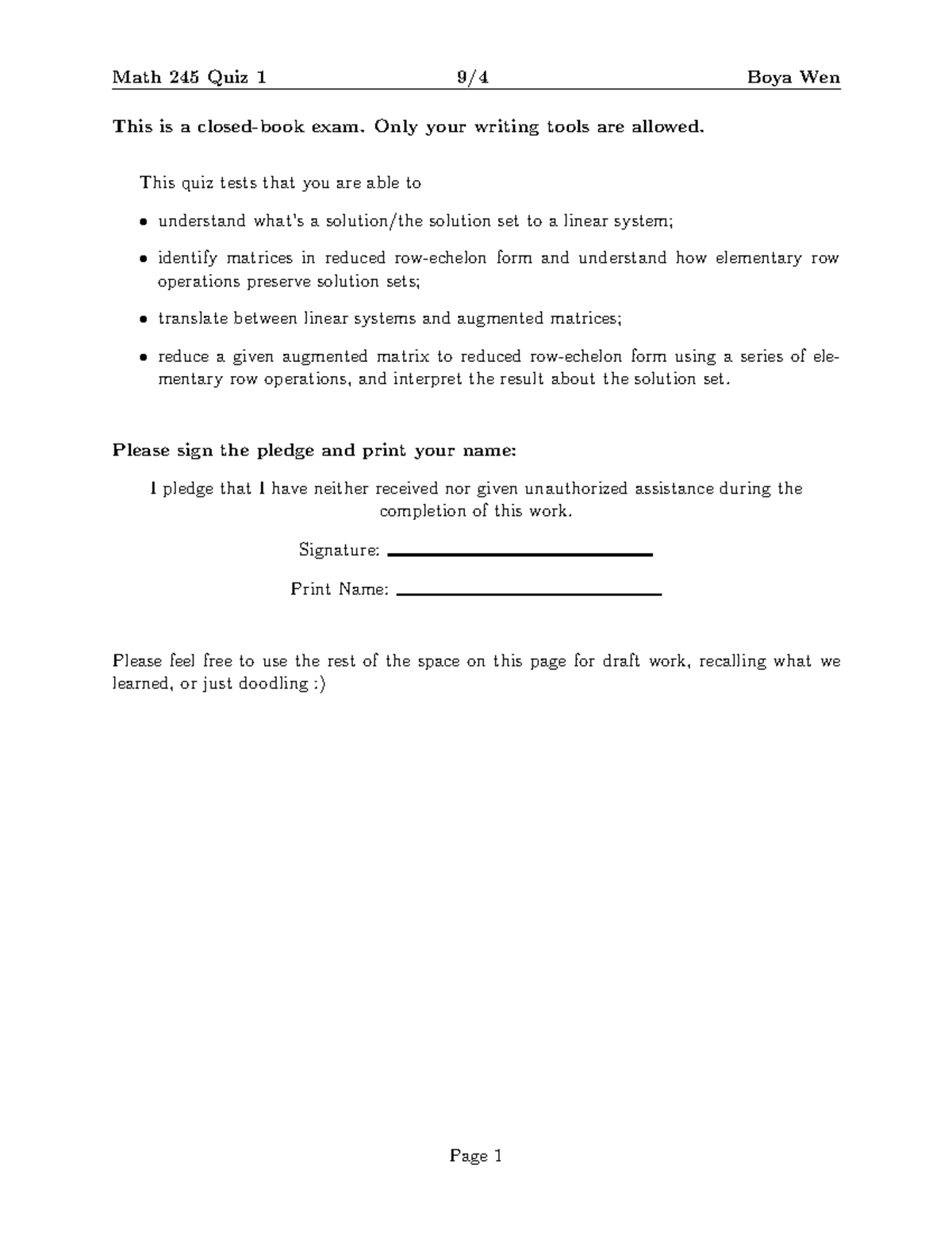 Math 245 Quiz 1: Evaluating Linear Systems & Matrices - Studocu