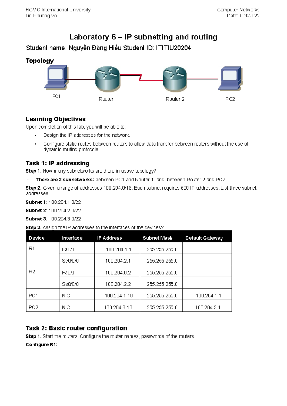 Lab 6 - IP Subnetting and Routing Configurations (CNET101) - Studocu