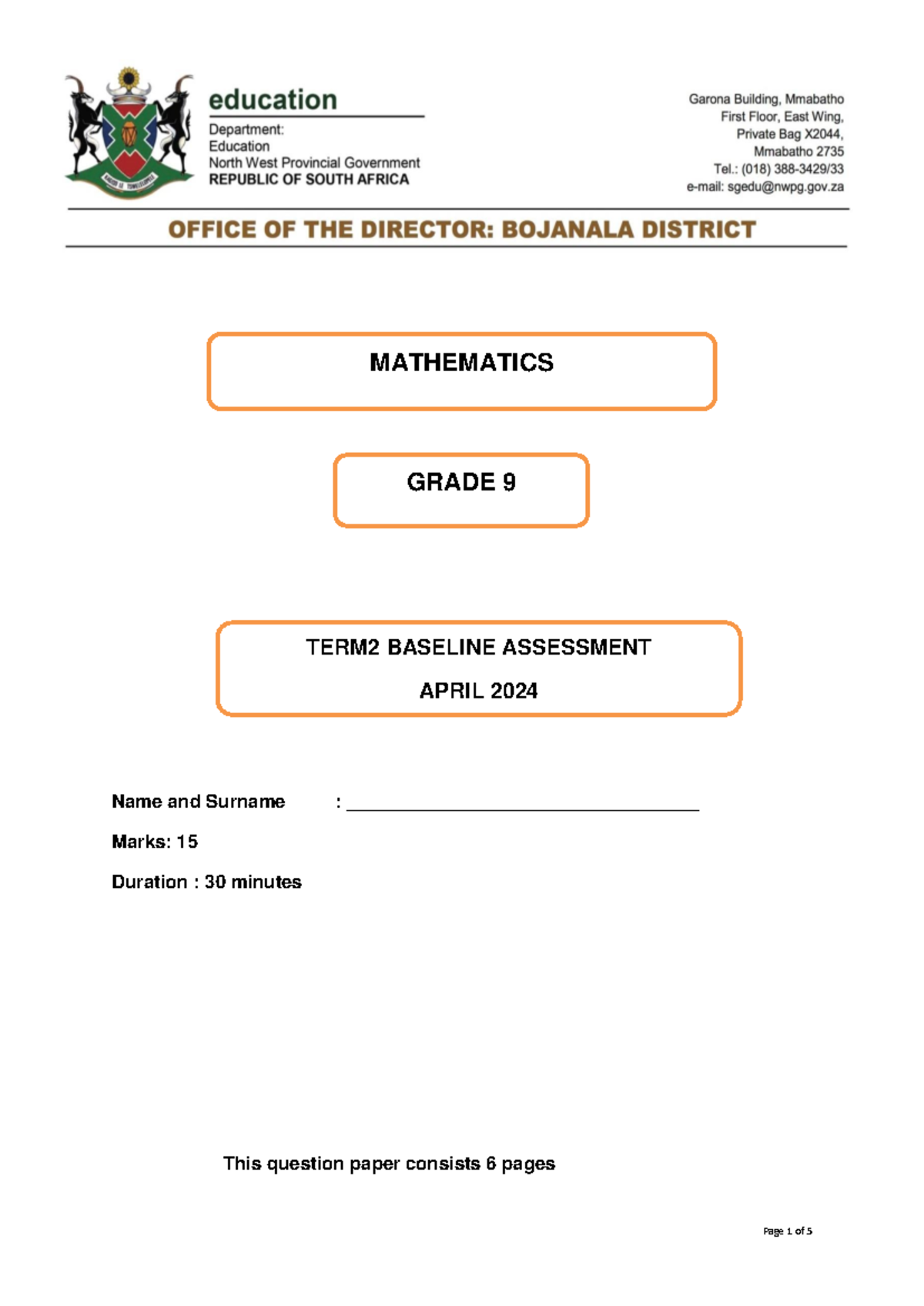 Grade 9 MATHEMATICS TERM 2 Baseline Assessment April 2024 - Studocu
