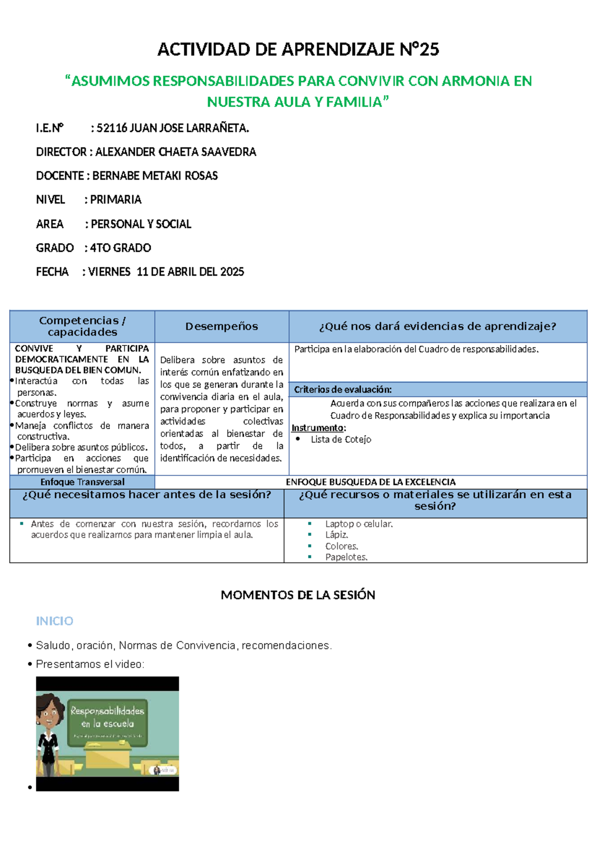Actividad de Aprendizaje: Responsabilidades en el Aula - 52116 - Studocu