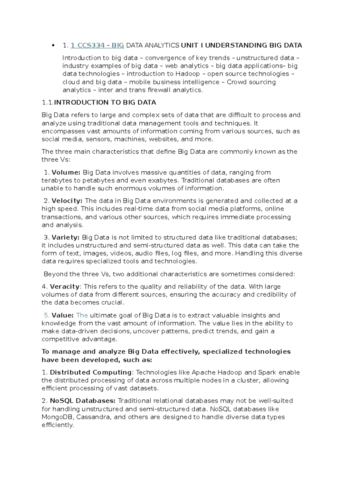 CCS334 Big Data Analytics Unit I: Understanding Big Data Concepts - Studocu