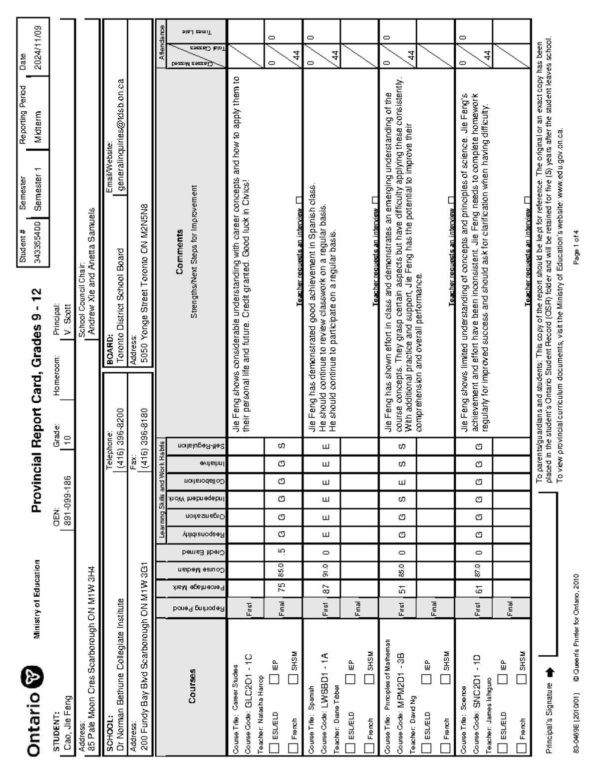 GLC2O1 1C Midterm Report Card for Cao, Jie Feng - Semester 1 - Studocu