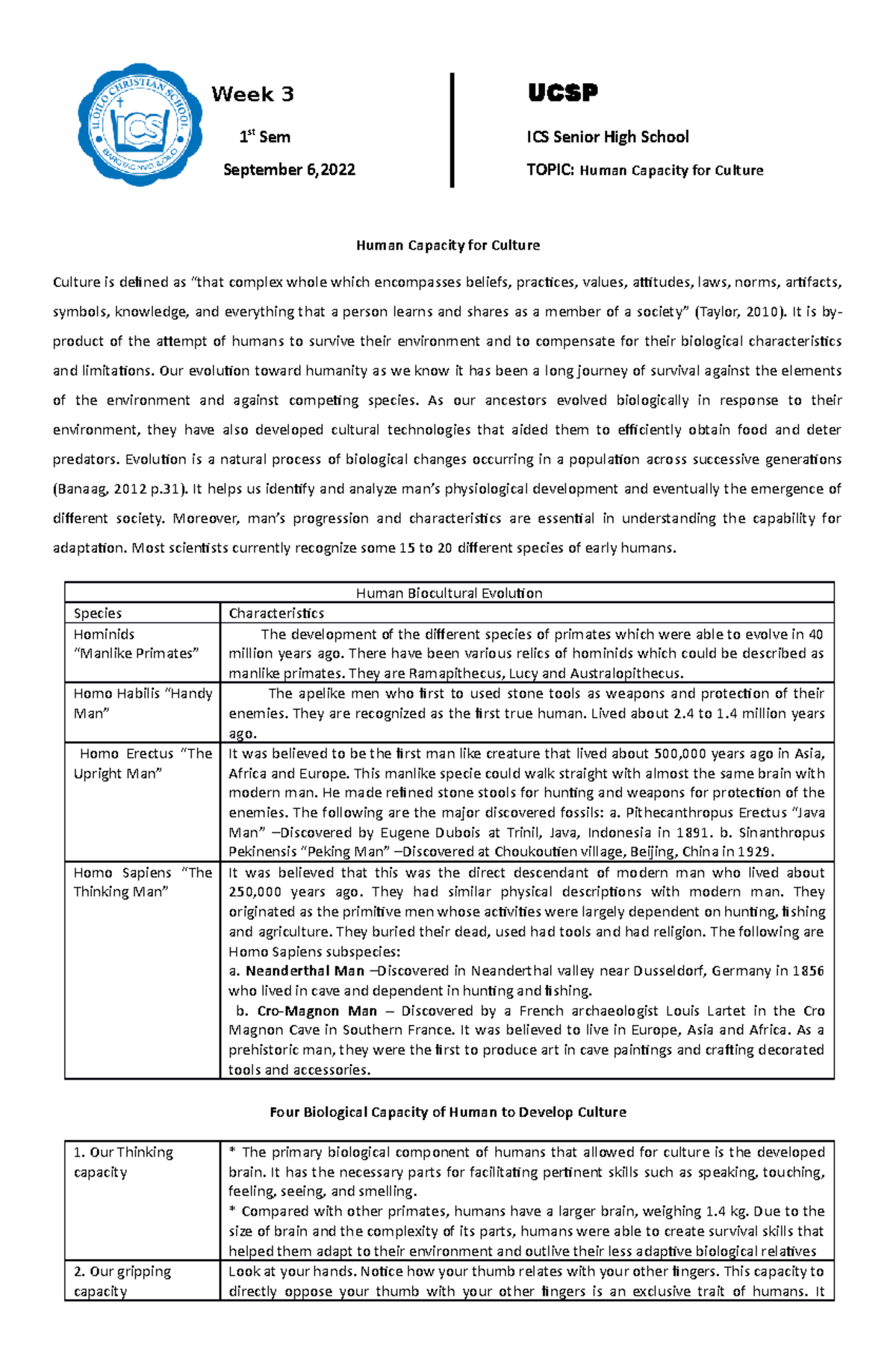 Week 3 UCSP - Understanding Human Capacity for Culture - Studocu