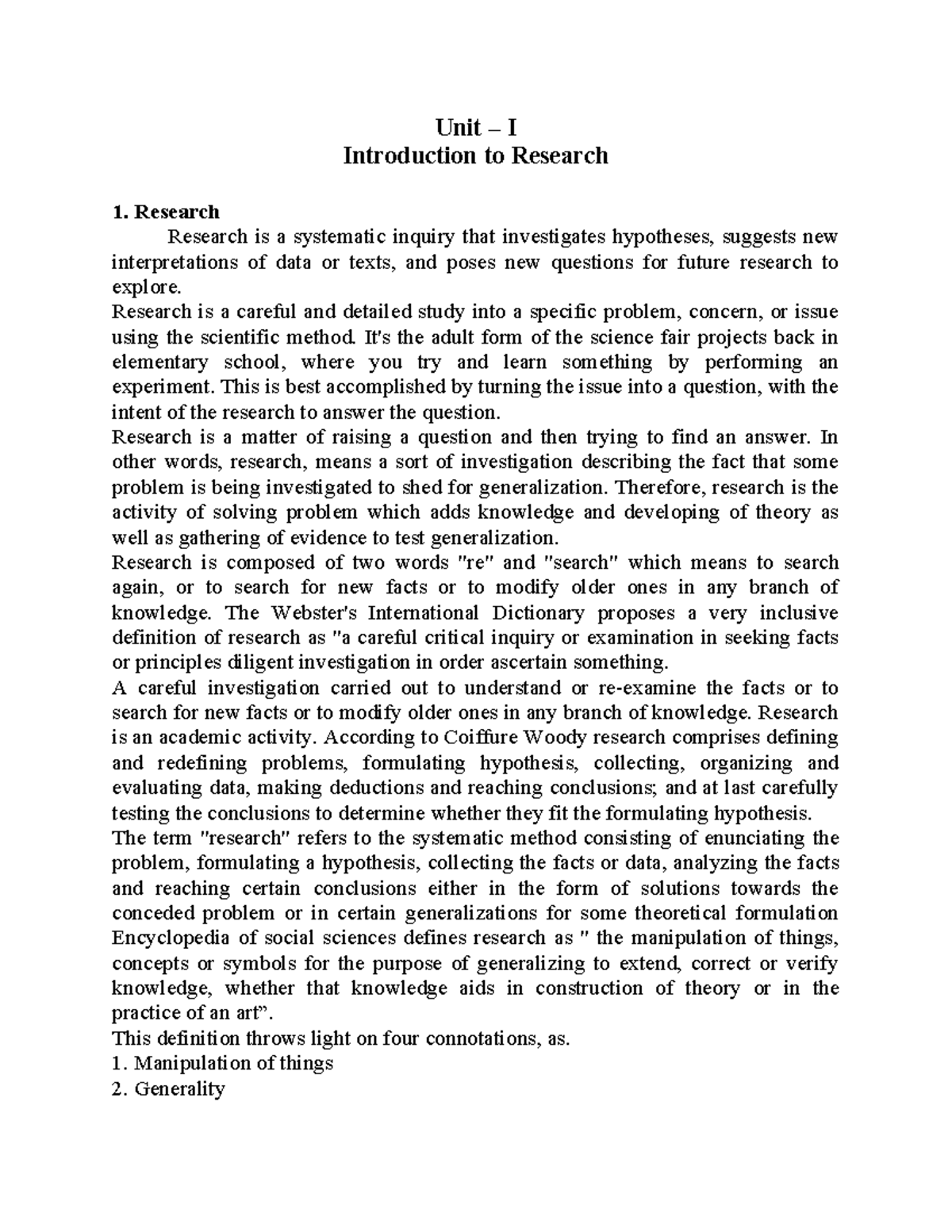 Unit 1 - Introduction to Research: Concepts and Methodologies - Studocu