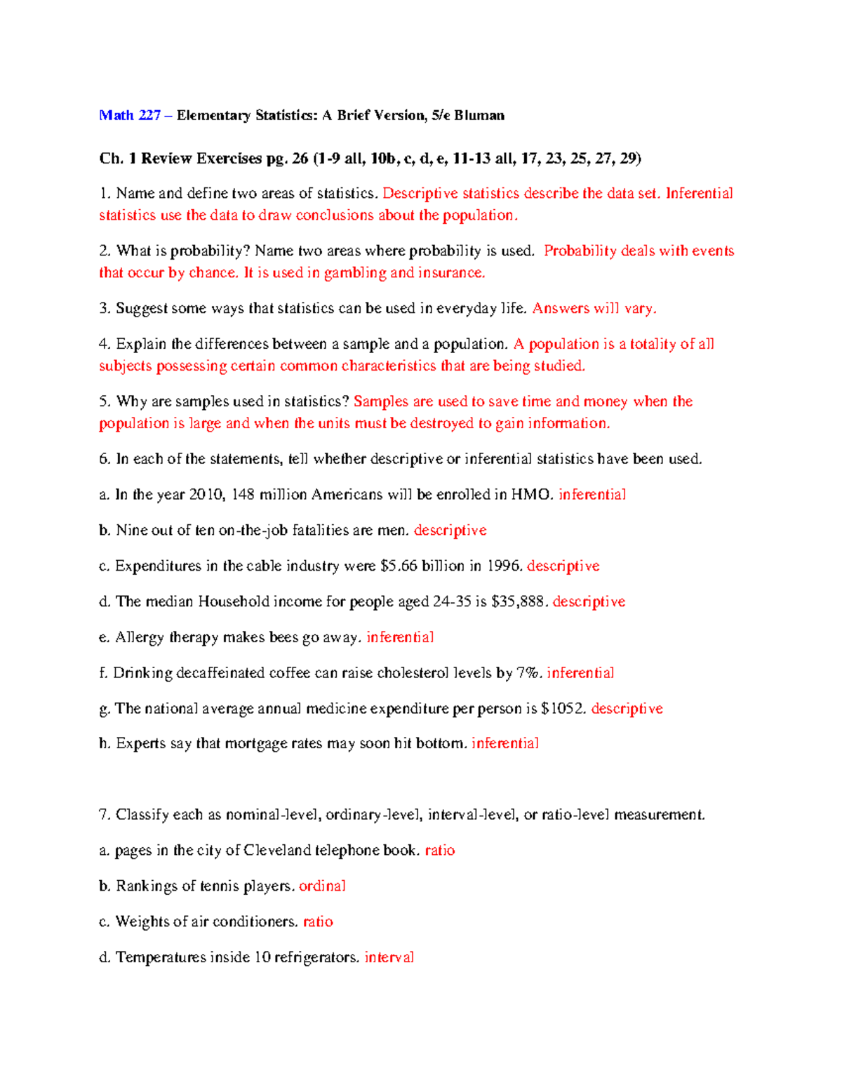 Bluman 5th Ch1 Review HW Ans Key - Math 227 – Elementary Statistics: A ...