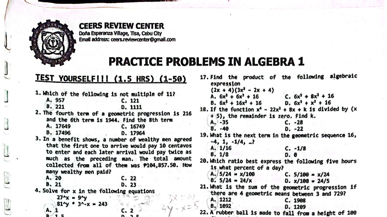 Algebra - Refresher: Practice Problems and Solutions - Studocu