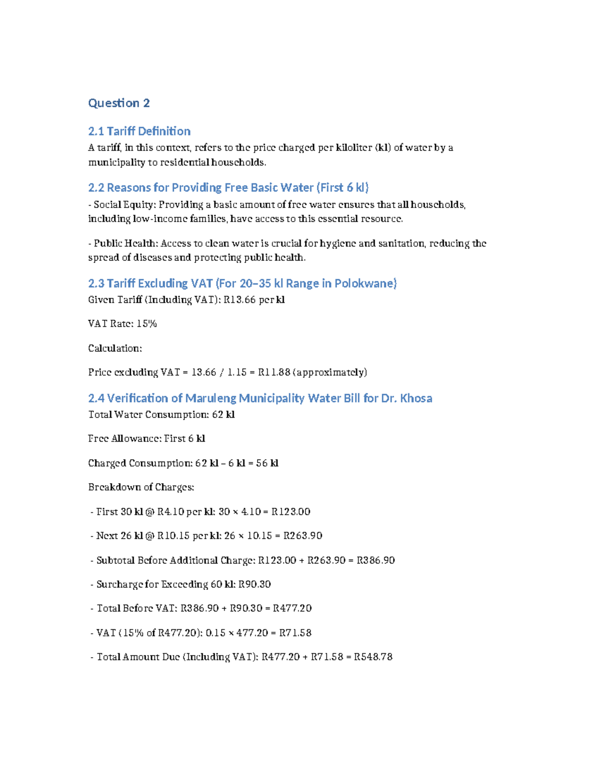Water Tariff Calculation: Question 2 Analysis and Breakdown - Studocu