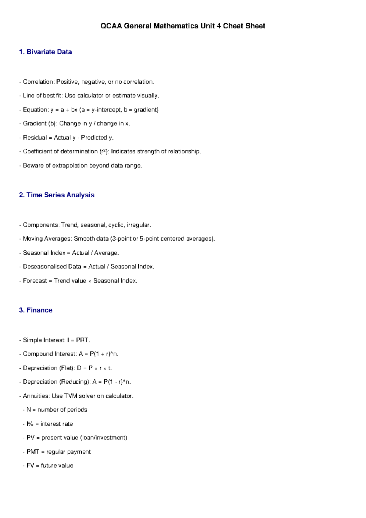 QCAA General Maths Unit 4 Cheat Sheet: Bivariate Data & Finance - Studocu