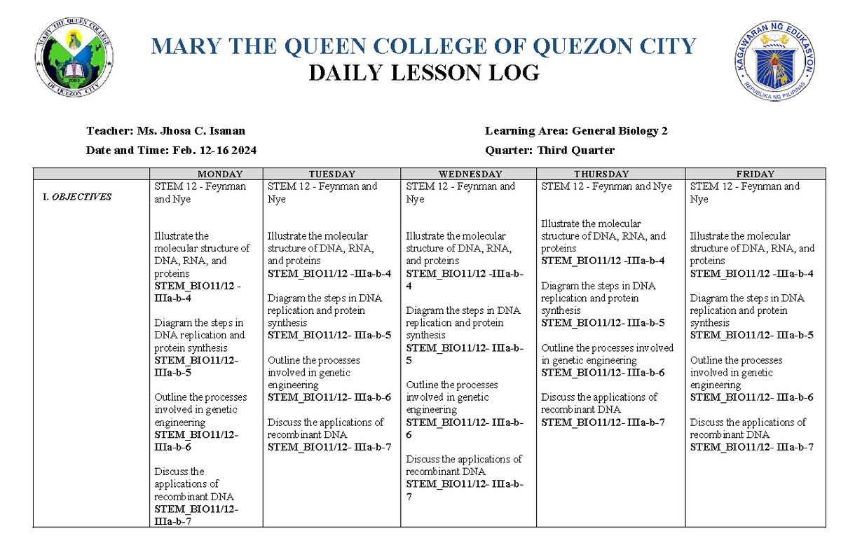 STEM 12 Daily Lesson Log: General Biology 2 (Feb. 12-16, 2024) - Studocu