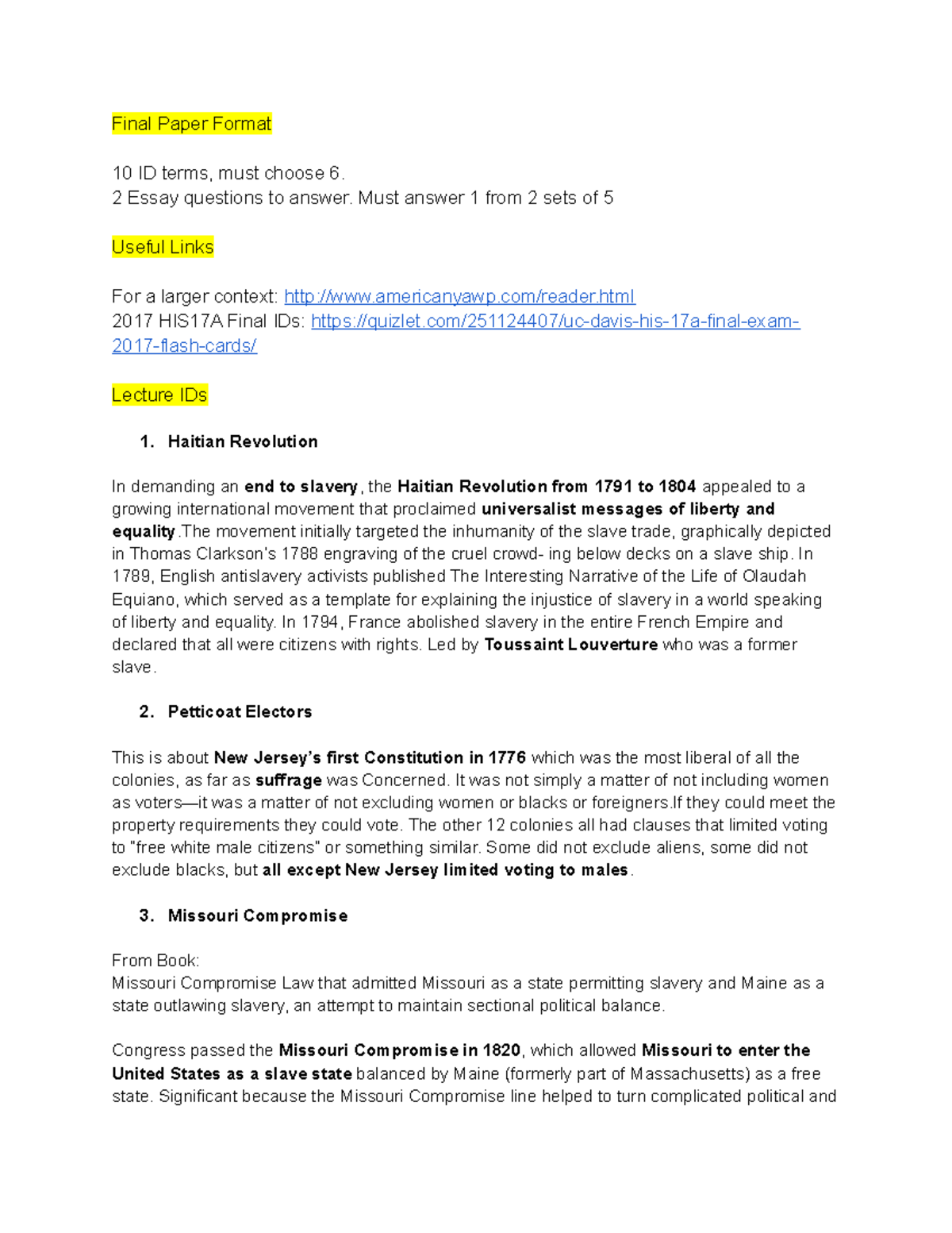 Copy of HIS 17A - Final Study Guide 1 - Final Paper Format 10 ID terms ...