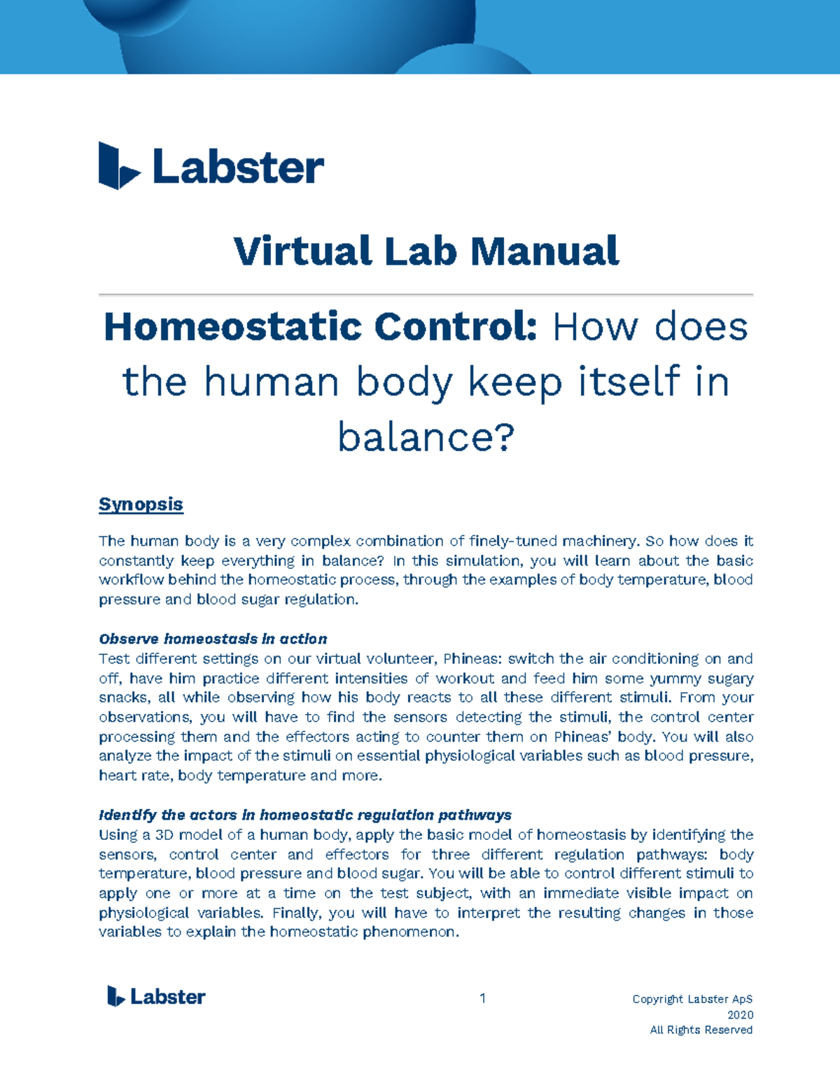 Lab Manual: Homeostatic Control in Human Physiology - Virtual ...