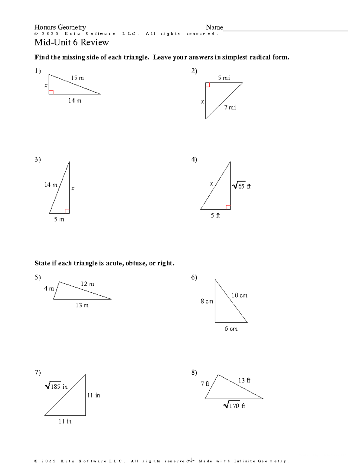 Honors Geometry - Mid-Unit 6 Review Worksheet - ©` n 2 Q 0 b 2 E 5 Y ...