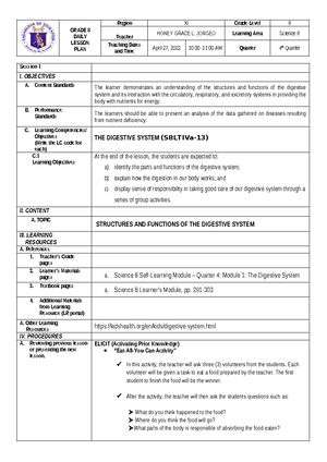 Final demo lp - a detailed lesson plan about digestive system. - SCHOOL ...