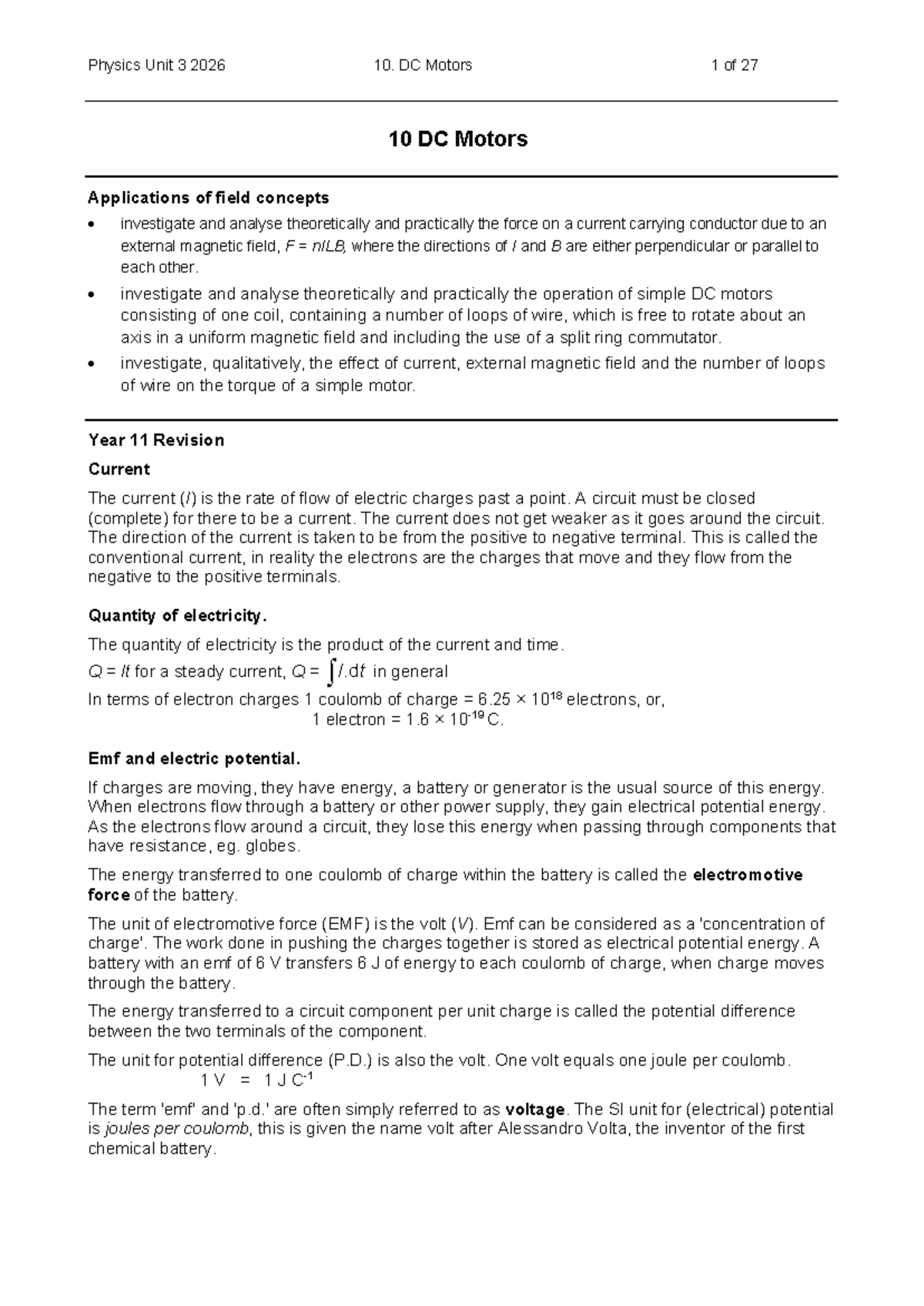 Physics Unit 3 2026: Comprehensive Notes on DC Motors - Studocu