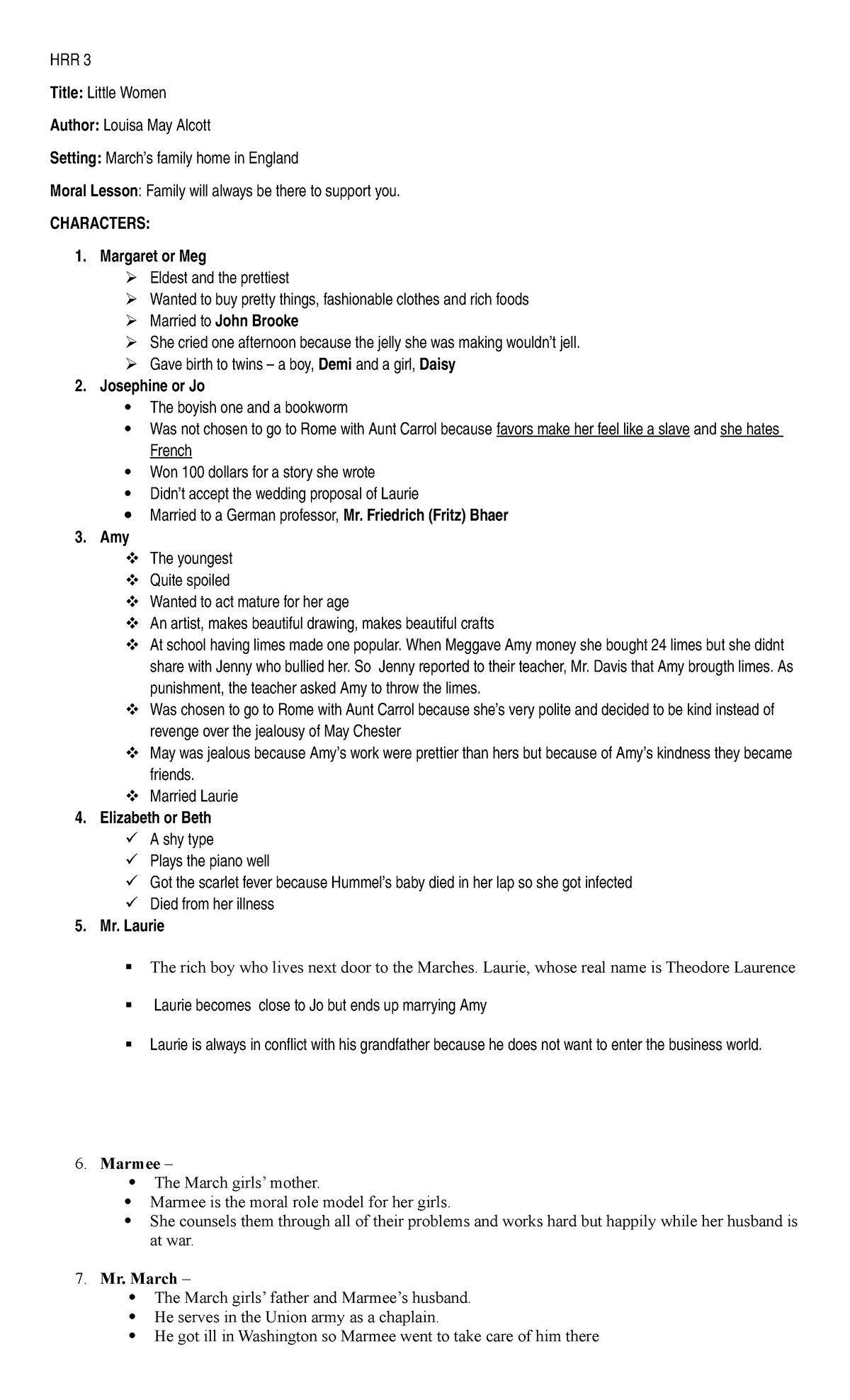HRR 3 - Summary of Characters and Themes in "Little Women" - Studocu