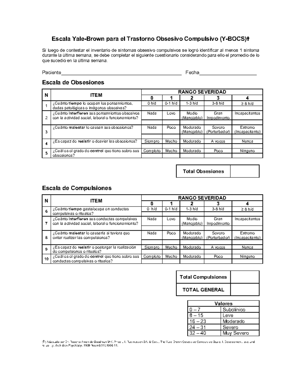Escala Y-BOCS de Severidad para Adultos con TOC - Studocu