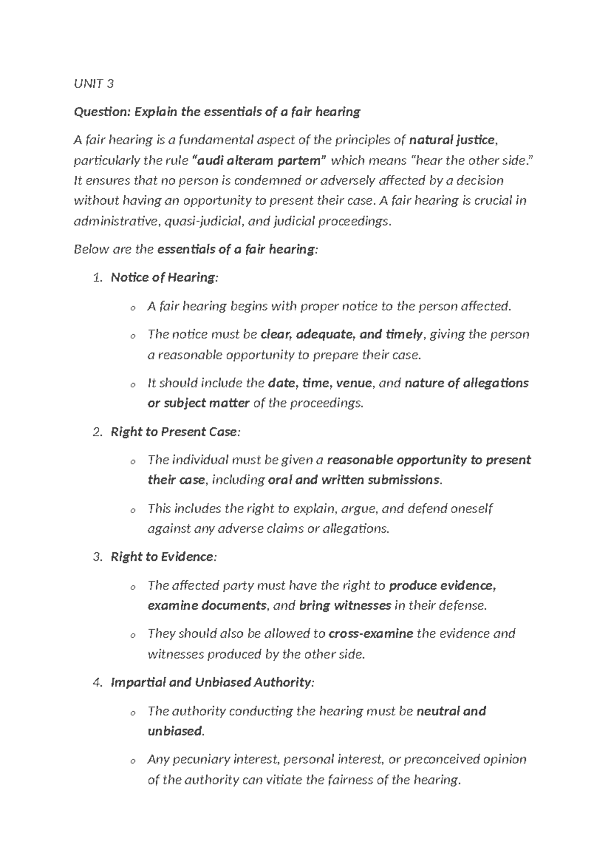 Admin Unit 3: Essentials of Fair Hearing and Rule Against Bias - Studocu