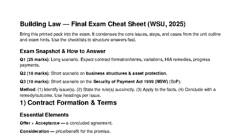 Building Law Final Exam Cheat Sheet (WSU, 2025) - Studocu