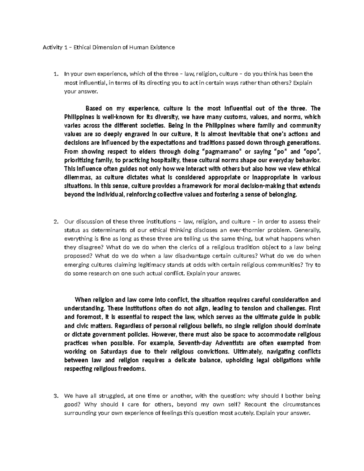 Ethics_activity - Activity 1 – Ethical Dimension of Human Existence 1 ...