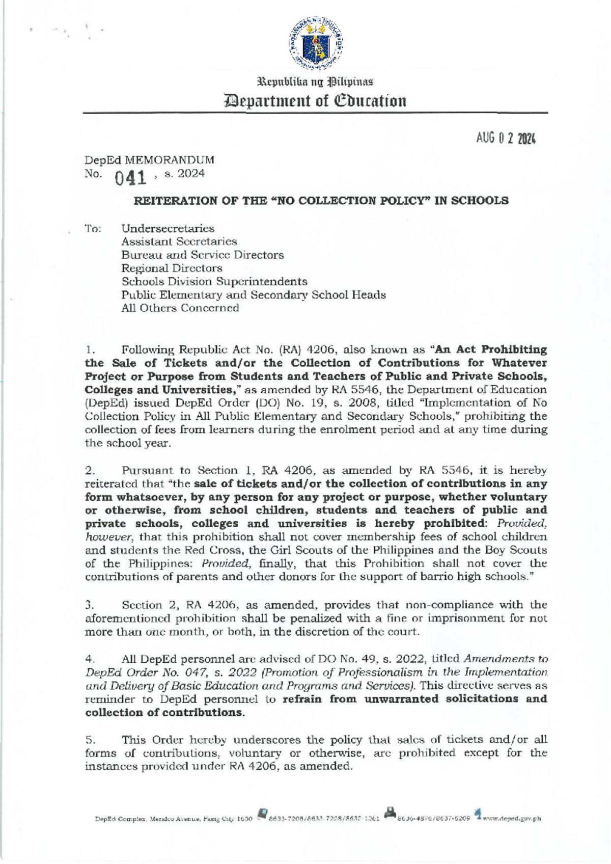 DepEd Memo DM S2024-041: Reiteration of No Collection Policy - Studocu