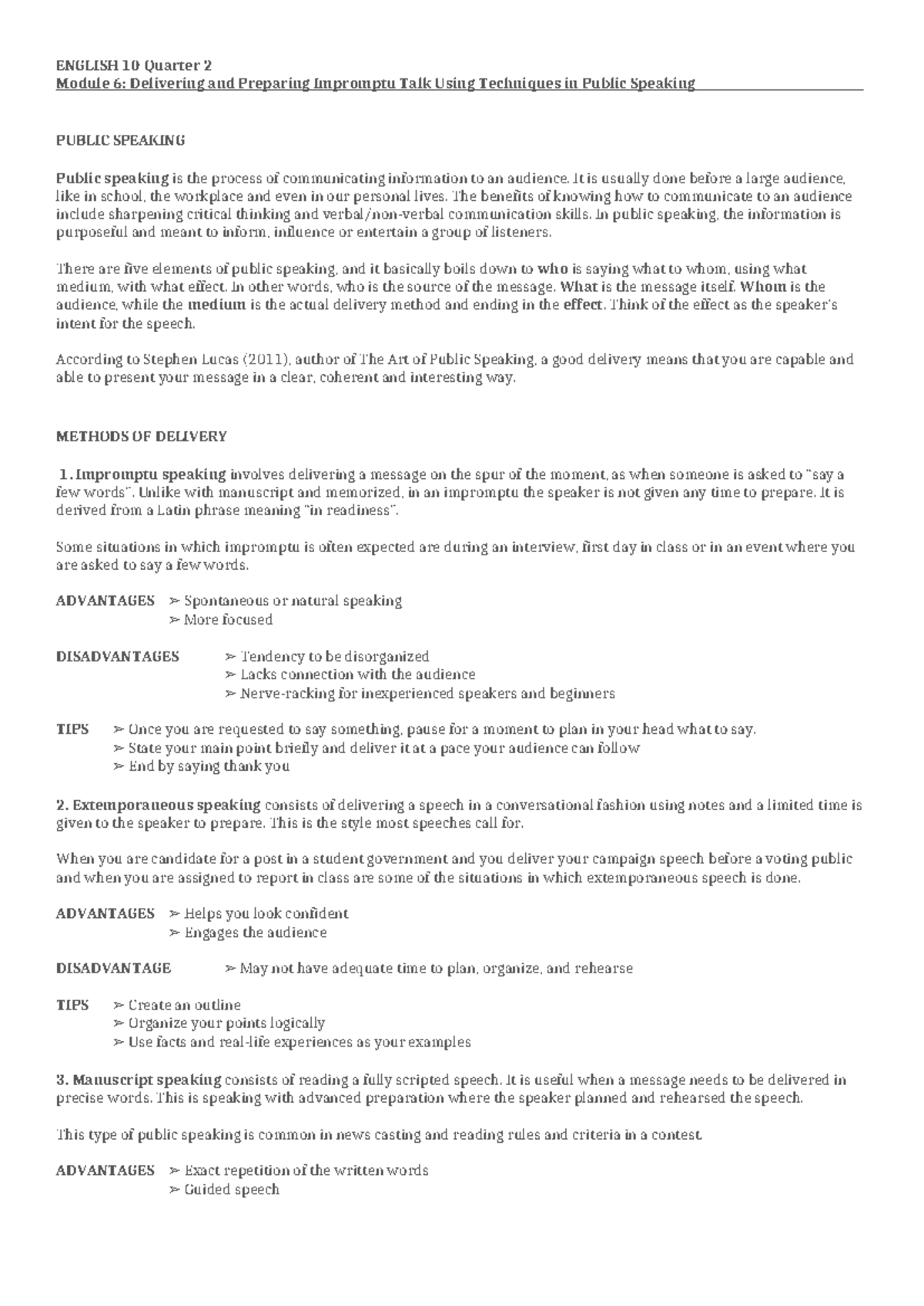 ENGLISH 10 Q2 Module 6: Techniques for Impromptu Public Speaking - Studocu