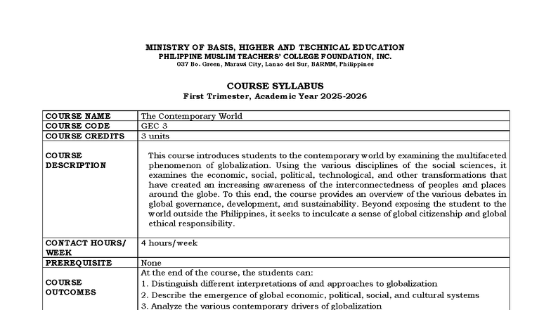 GEC 3 Syllabus: The Contemporary World - First Trimester Overview - Studocu