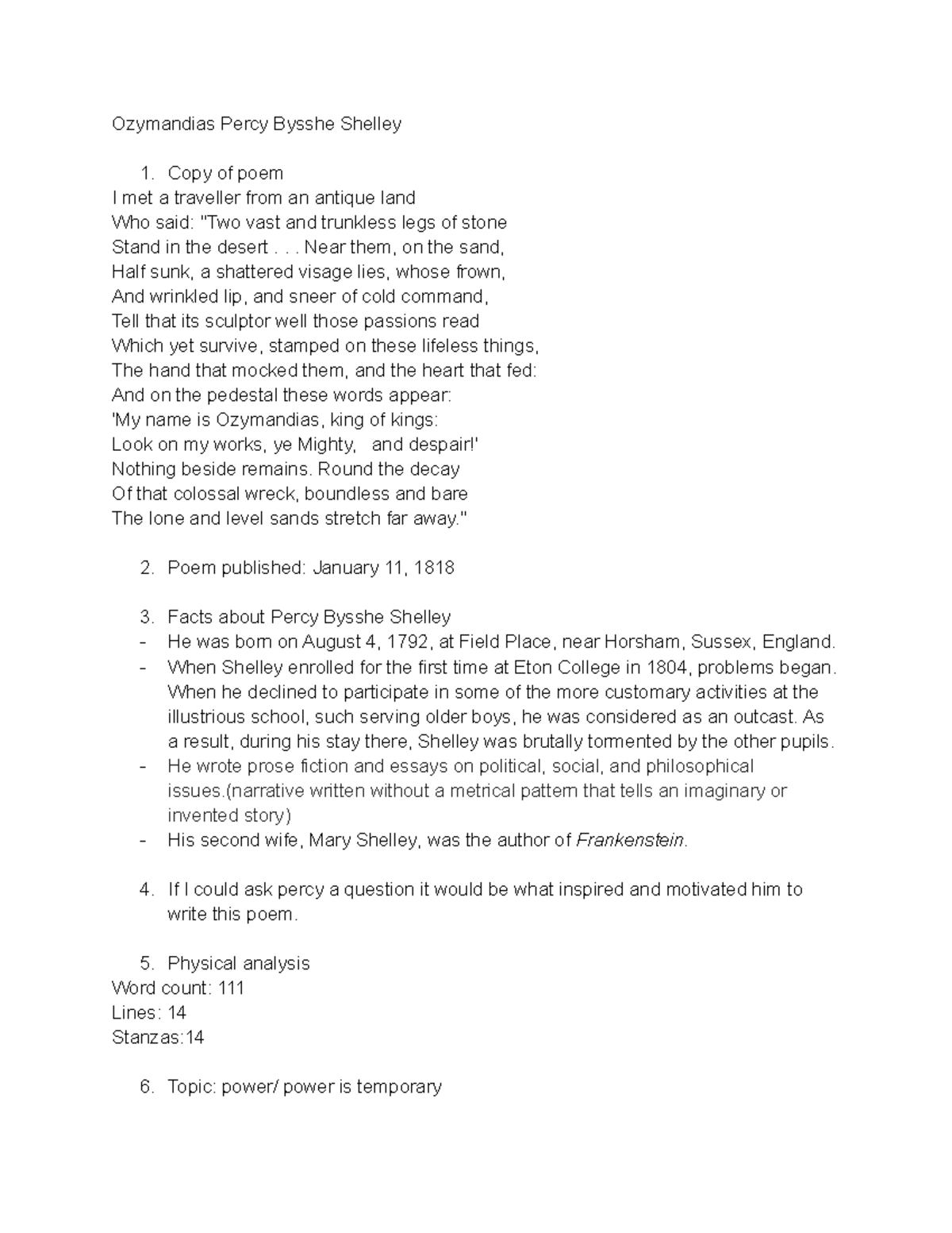 Analysis and Insights on Ozymandias by Percy Bysshe Shelley - Studocu