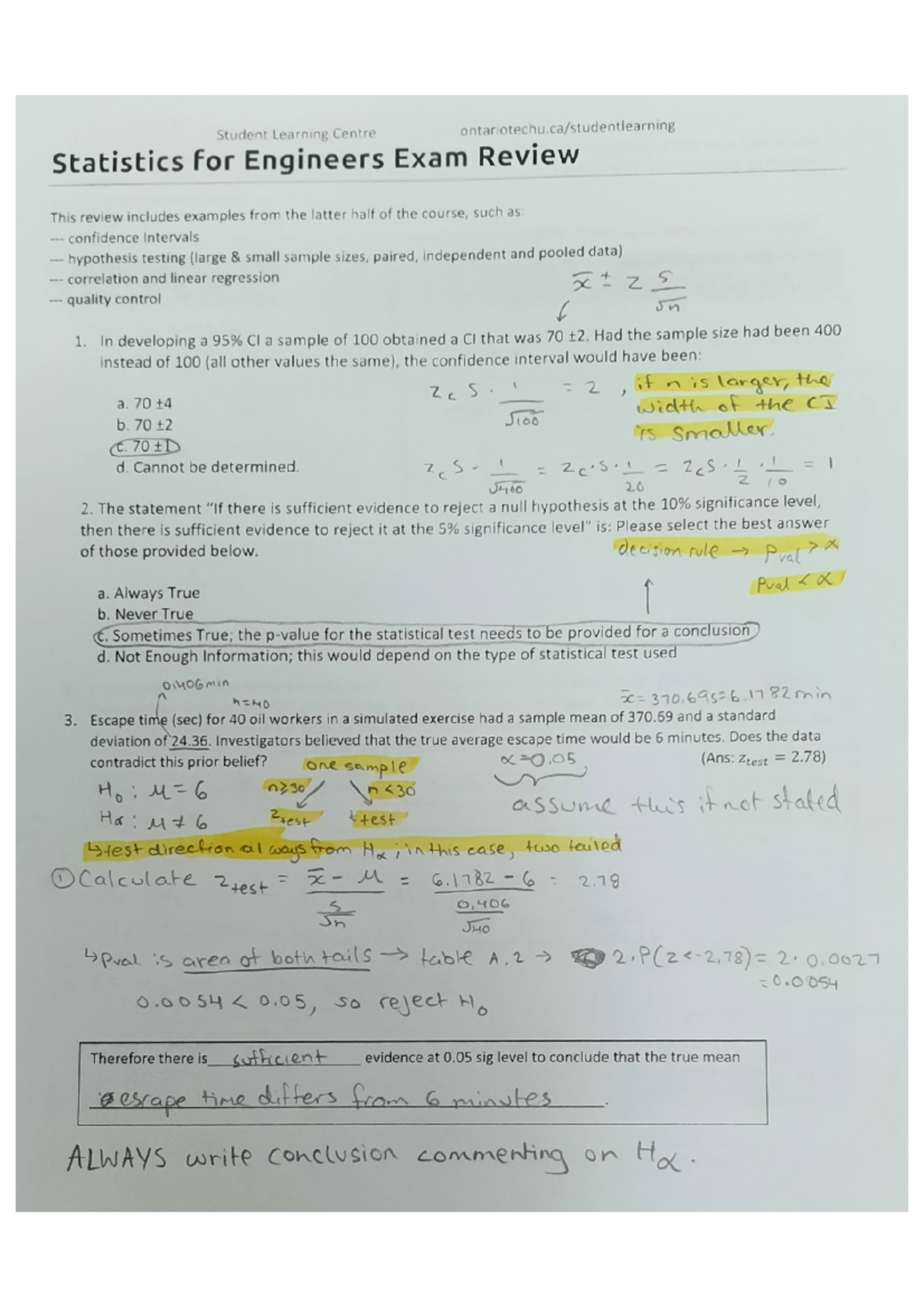 Stats review 2 - Student Learning Centre Statistics for Engineers Exam ...