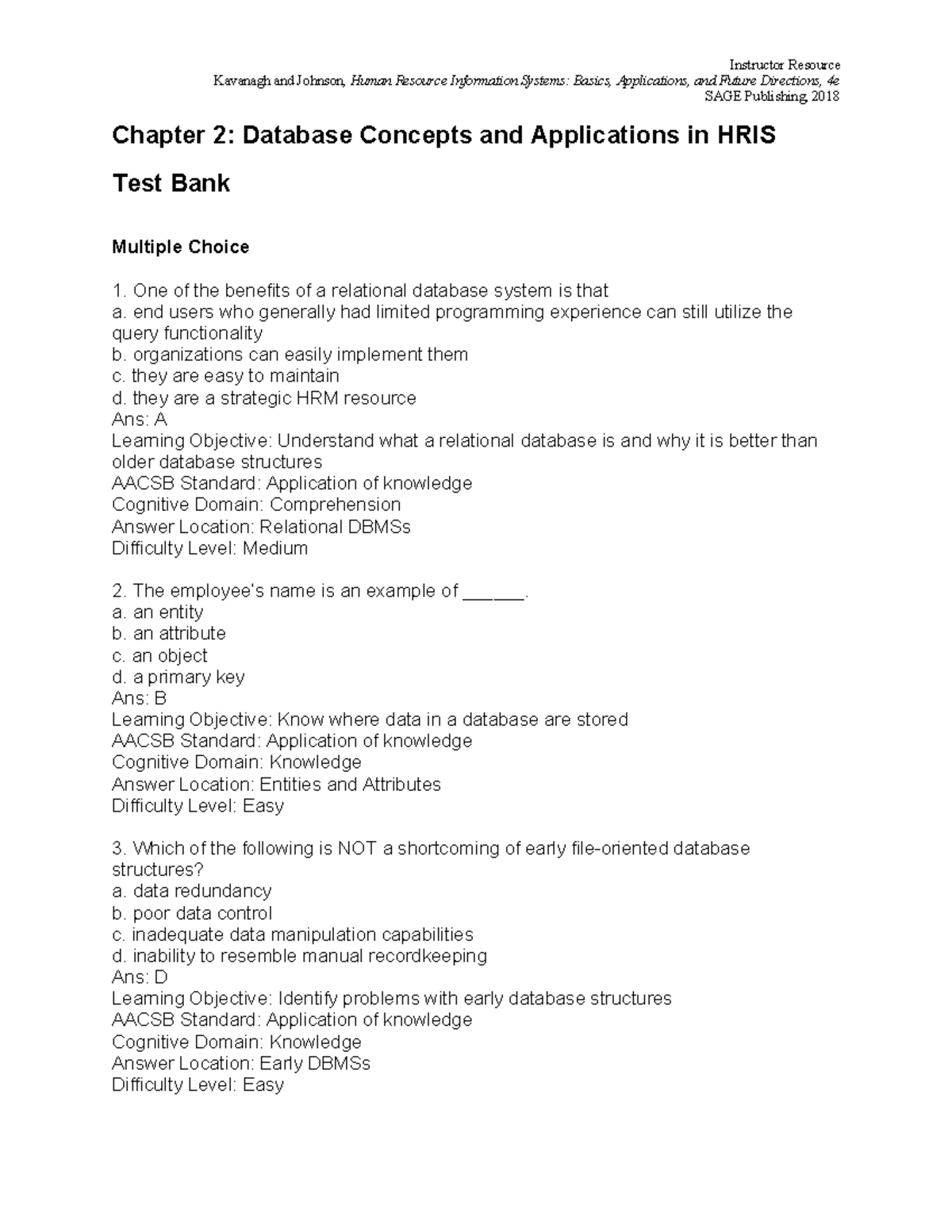 Kavanagh 4e HRIS Test Bank: Chapter 2 Database Concepts & Applications ...