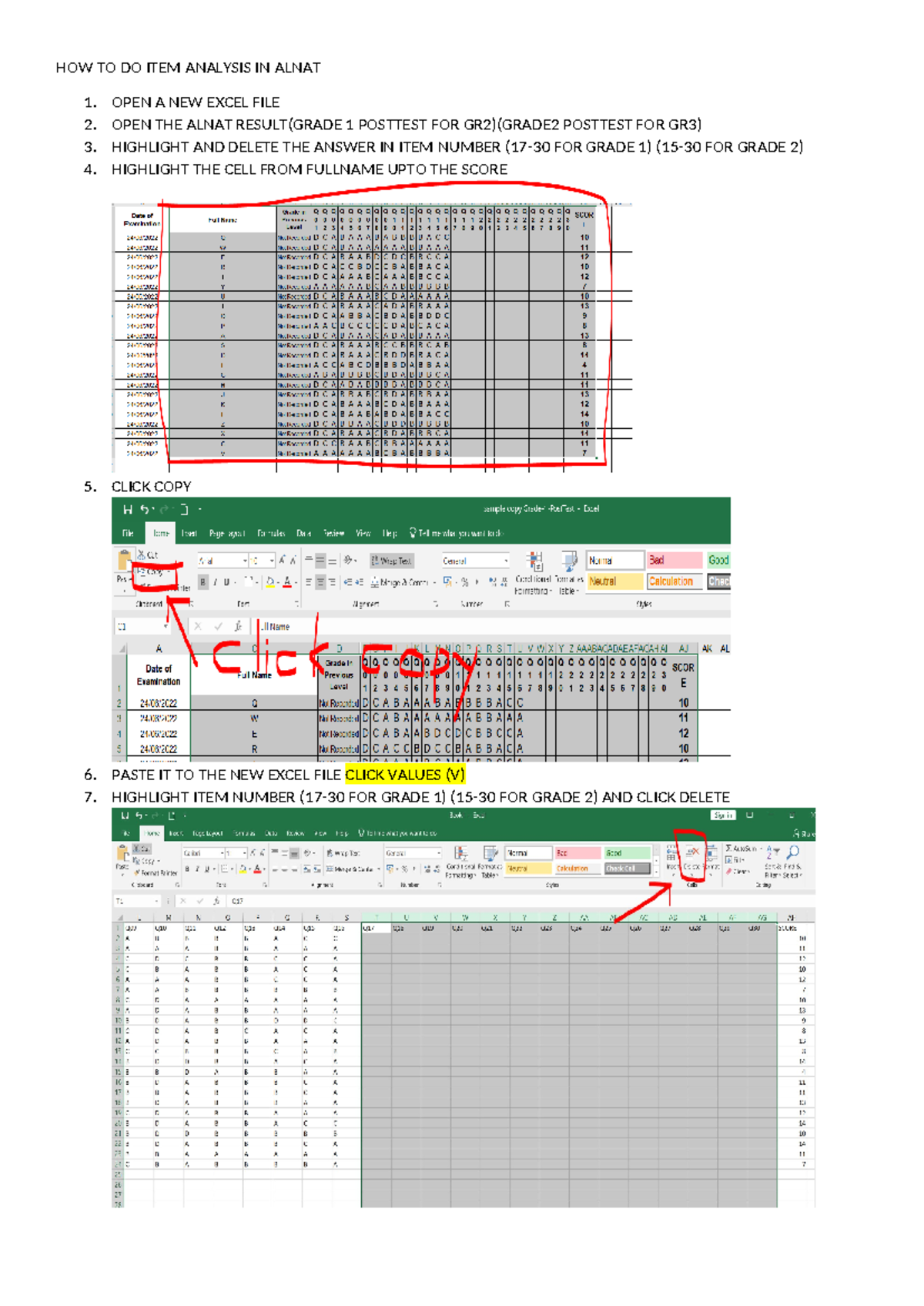 Alnat Item Analysis Guide in Excel for Grades 1-2 - Studocu