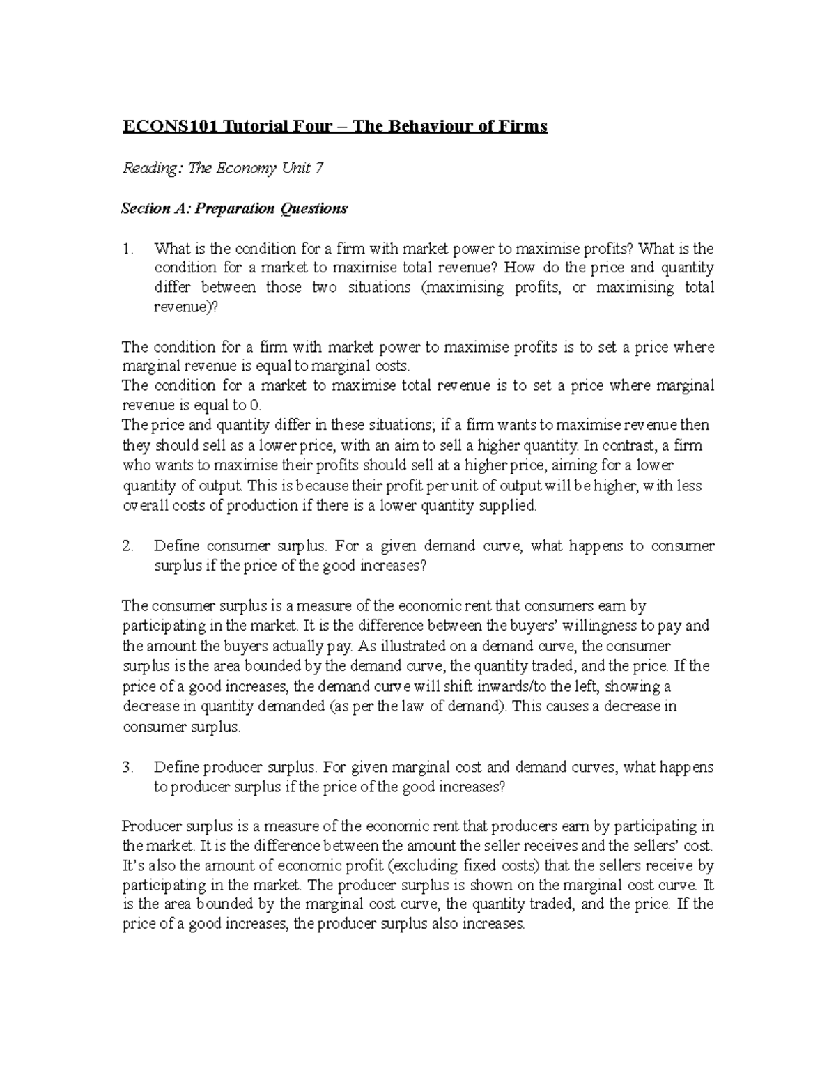 ECONS101 Tutorial 4 - The Behaviour of Firms - ECONS101 Tutorial Four ...