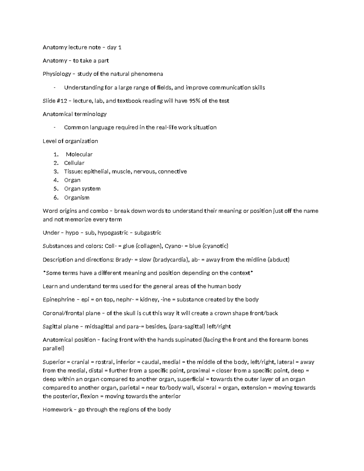 Anatomy Lecture Notes Day 1: Terminology & Body Organization - Studocu