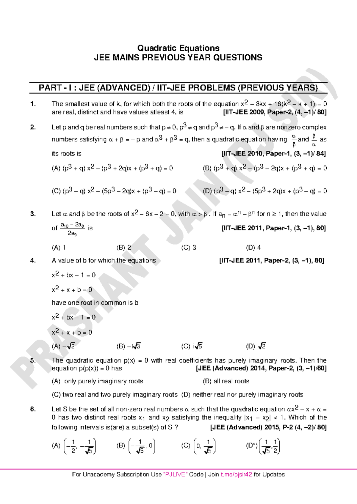 Quadratic Equations JEE (MAIN & ADVANCED) Previous Year Questions - Studocu
