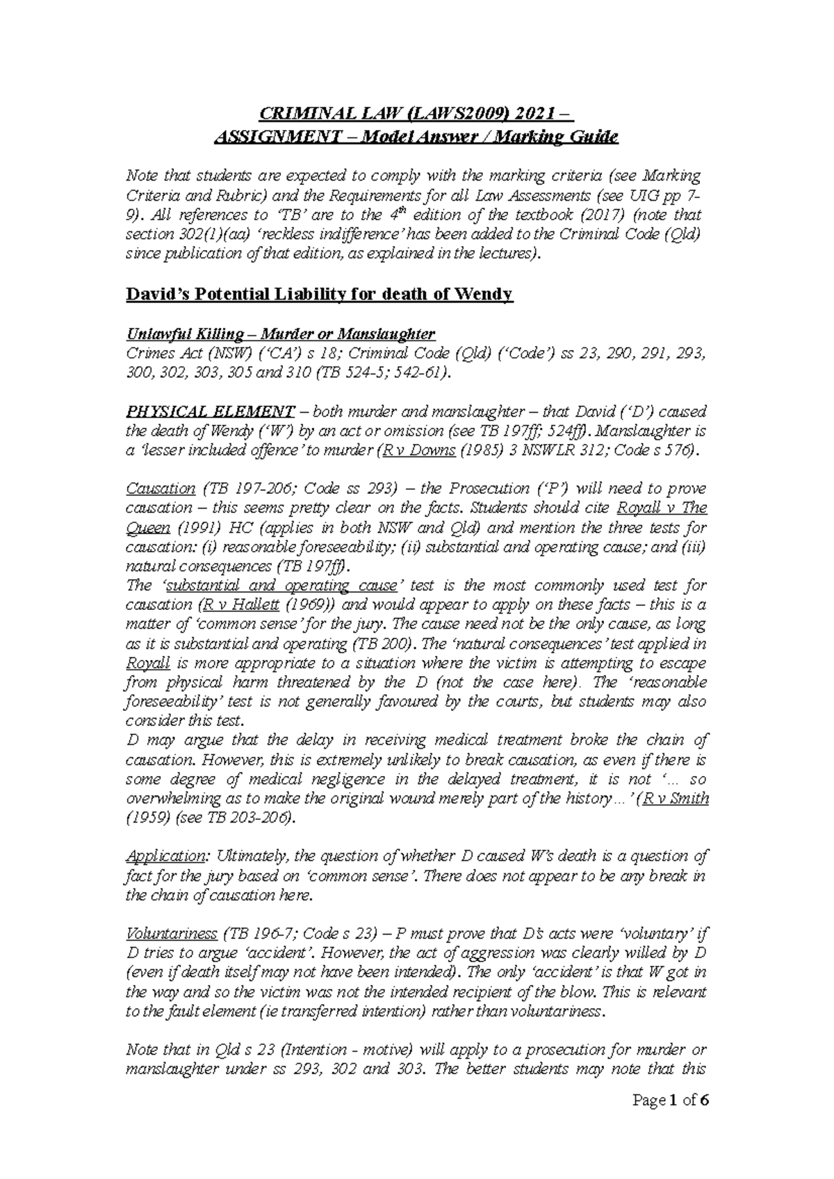 Model Answer Assignment Criminal Law LAWS2009 2021 - CRIMINAL LAW ...
