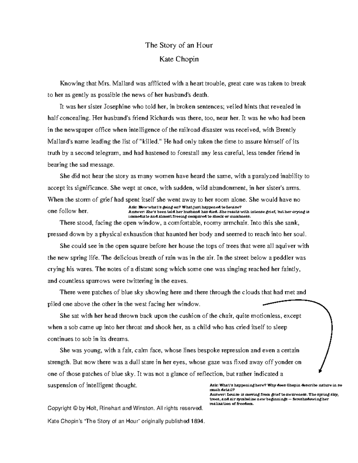 The Story of an Hour - Copyright © by Holt, Rinehart and Winston. All ...