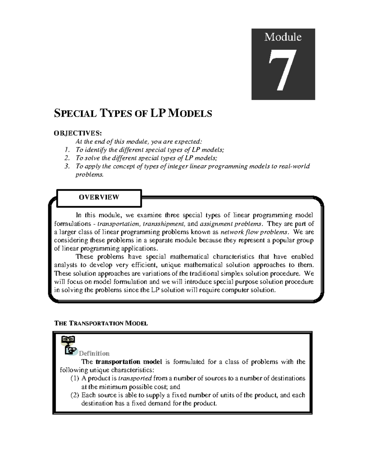 Unit 7 Special Types of LP Models - SPECIAL TYPES OF LP MODELS In this ...