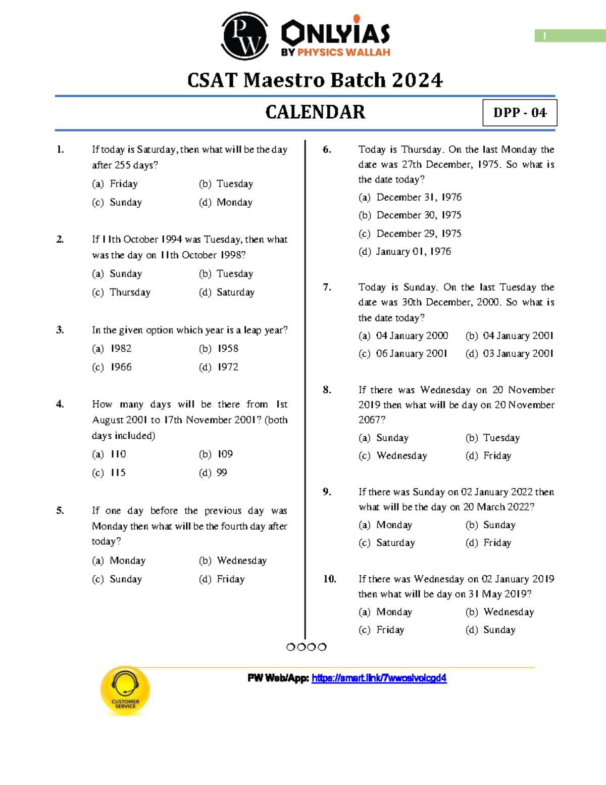CSAT 2024 DPP 04: Day Calculation Questions and Answers - Studocu