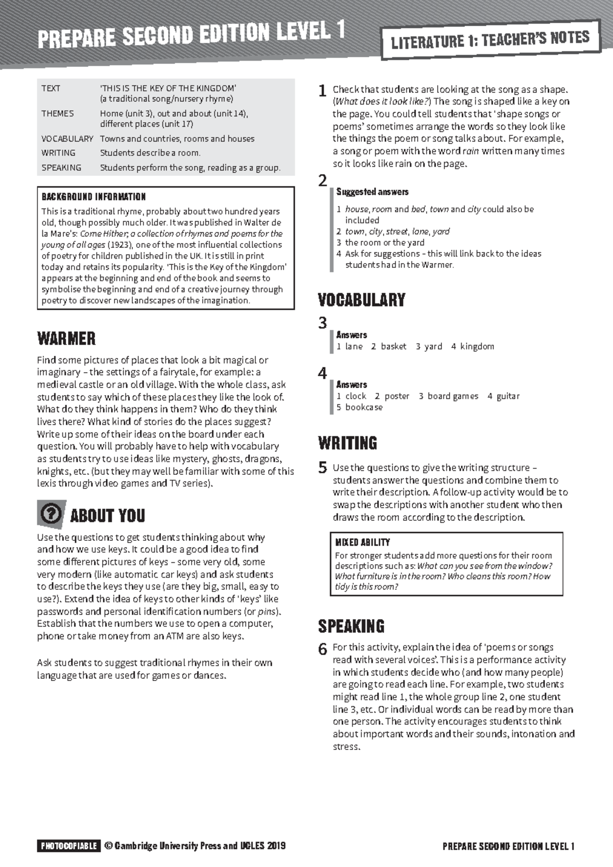 Prepare 1 Literature 1: Key Themes & Activities for Unit 3, 14, 17 ...