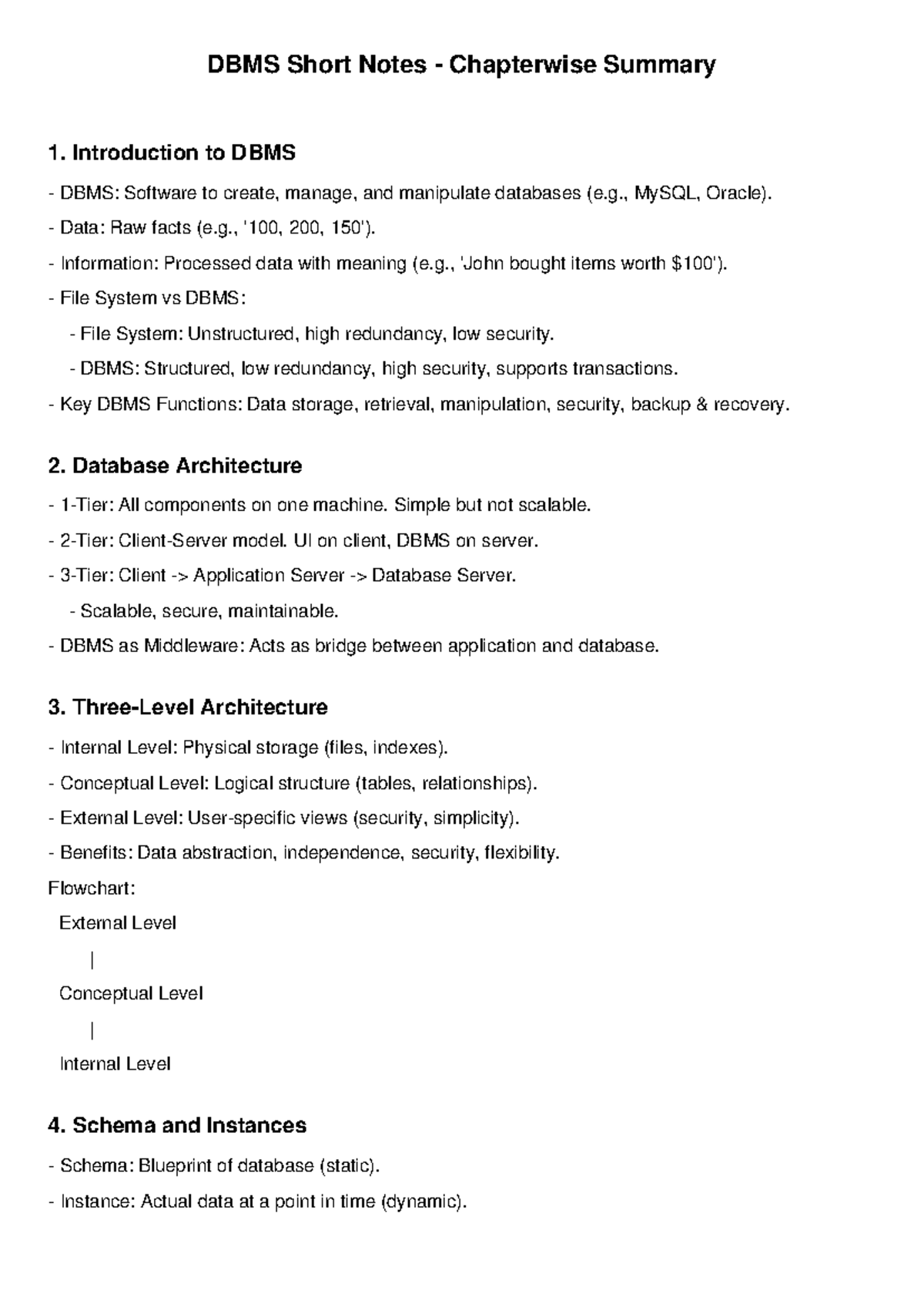 DBMS Short Notes: Chapterwise Summary and Key Concepts - Studocu