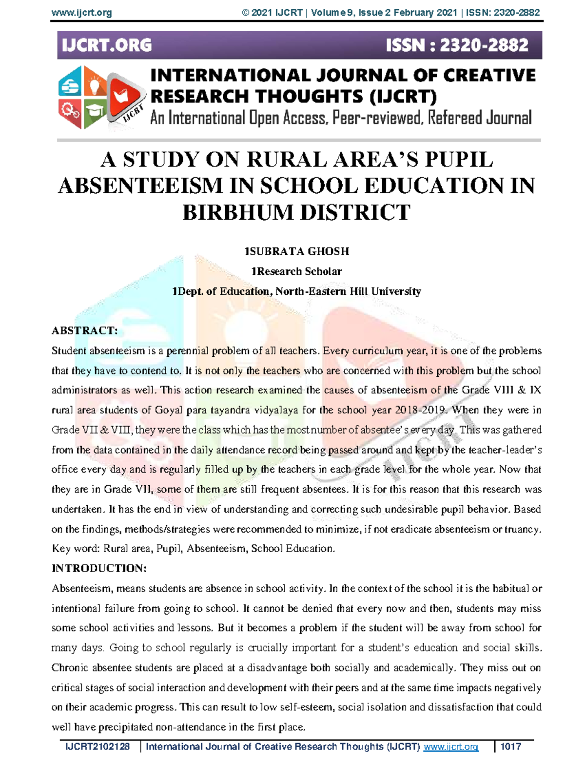 A Study on Rural Pupil Absenteeism in School Education (IJCRT2102128 ...